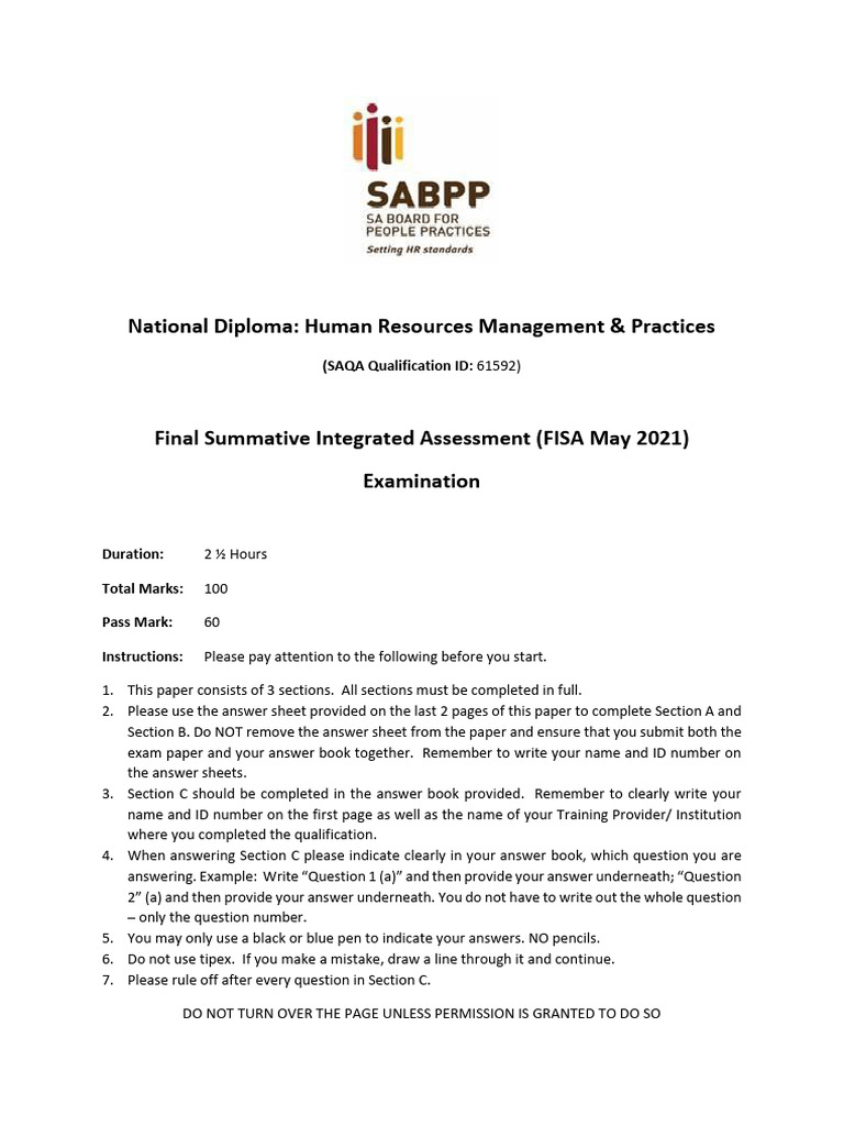 HR Diploma FISA SABPP 2021 2nd Paper Exam | PDF | Employment ...
