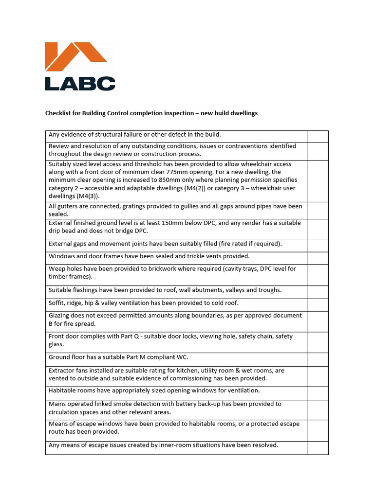 LABC Pre Completion Check List For New Builds | PDF | Building ...