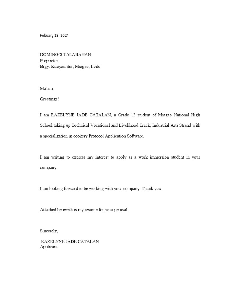 Sample Letter Work Immersion | PDF