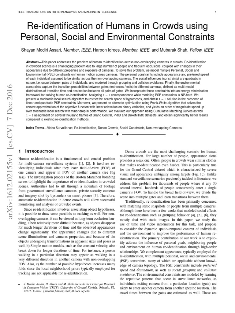 Re-Identification of Humans in Crowds Using Personal, Social and Environmental Constraints | PDF ...