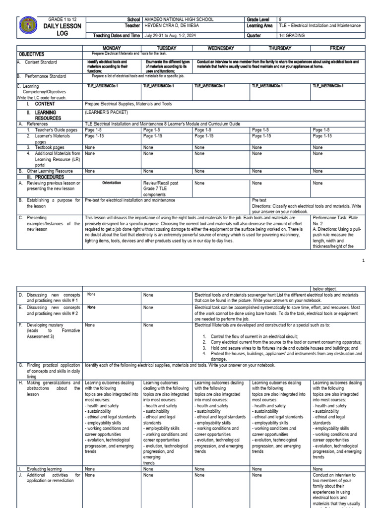 DLL EIM de Mesa 1st WEEK July 29 Aug 2 2024 | PDF | Occupational Safety ...