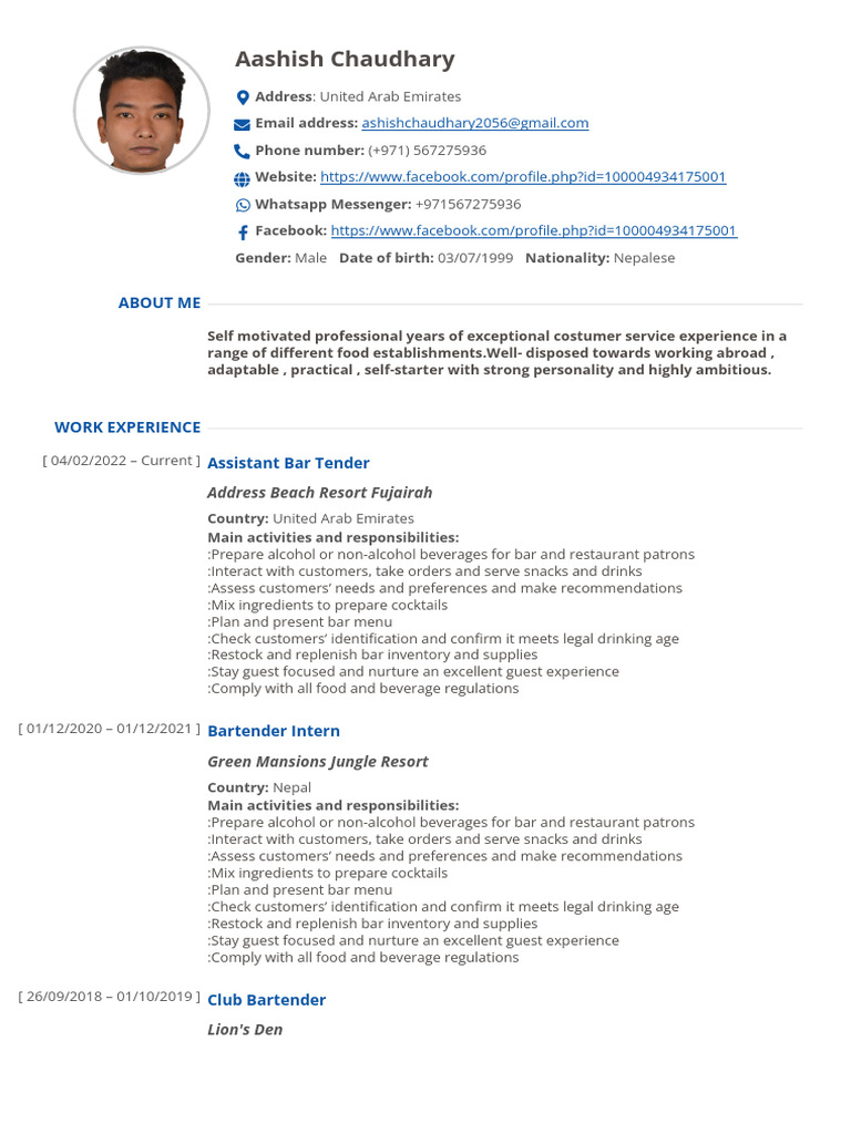 Aashish Chaudhary CV | PDF | Bartender | Alcohol