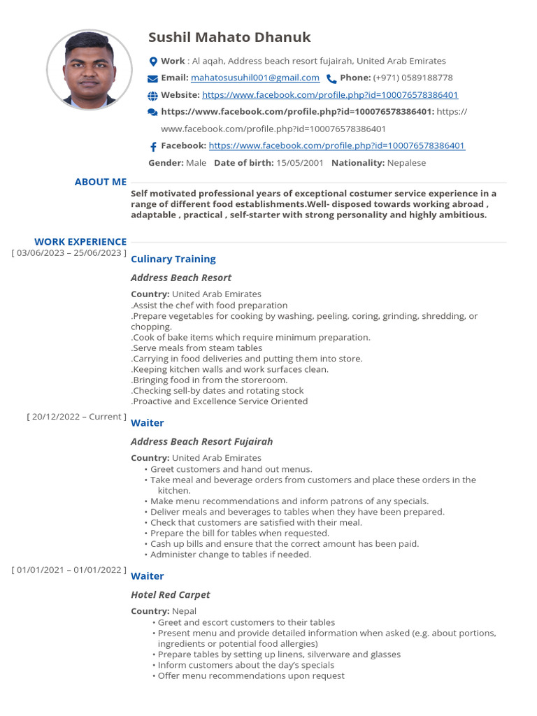 Sushil CV | PDF | Menu | Waiting Staff