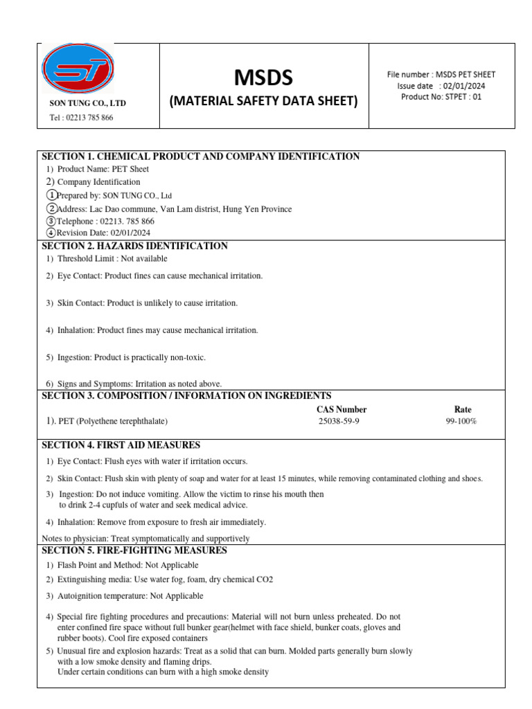 MSDS Pet 2024 | PDF | Personal Protective Equipment | Materials