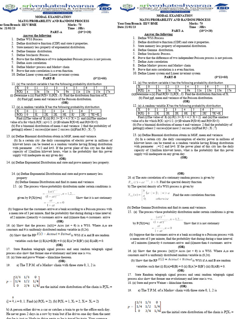 III-BME-PRPModal Question Paper 2023 | PDF | Stochastic Process | Probability Distribution