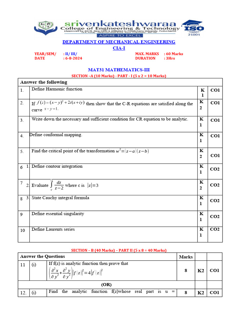 Answer The Following: Department of Mechanical Engineering Cia-I | PDF ...