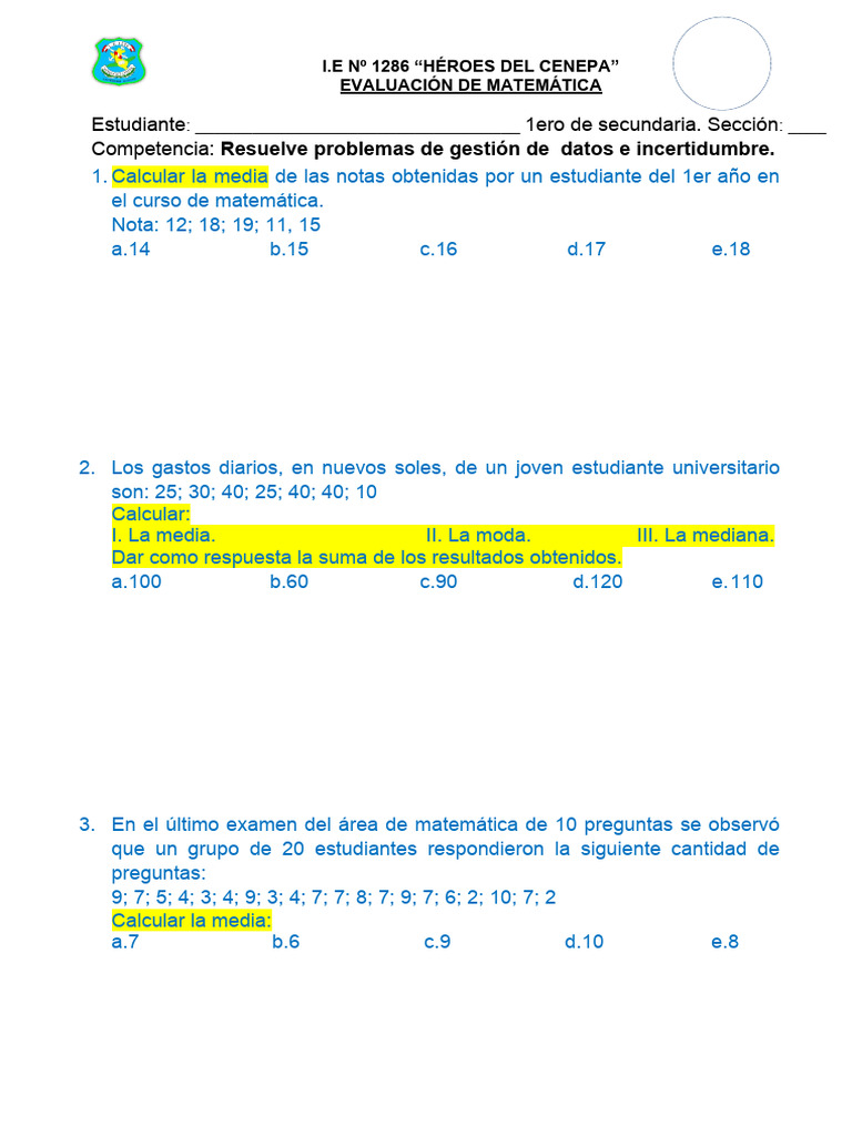 Evaluacion 1 Moda, Media y Mediana | PDF