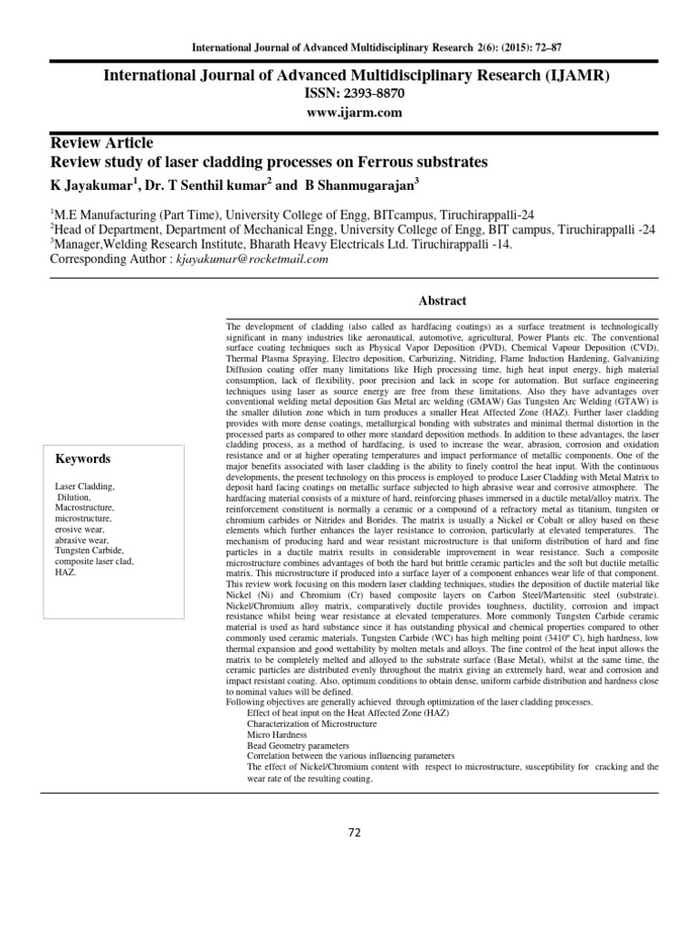 Review Study of Laser Cladding Processes On Ferrous Substrates | PDF ...