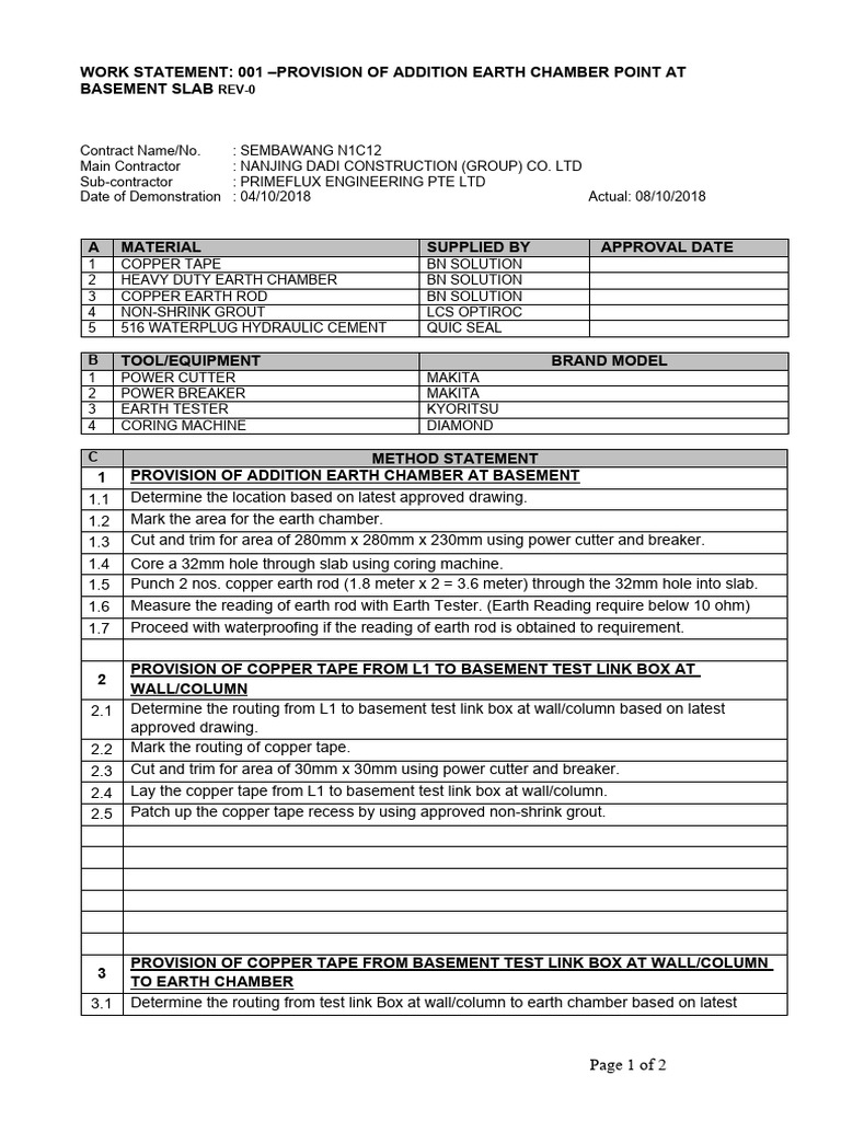 3) PF - MOS - 001 - Method of Statement For Basement Earth Chamber Waterproofing | PDF ...