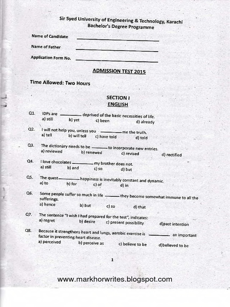 SSUET Karachi Admission Test Past Papers 2015-2019 - Removed | PDF