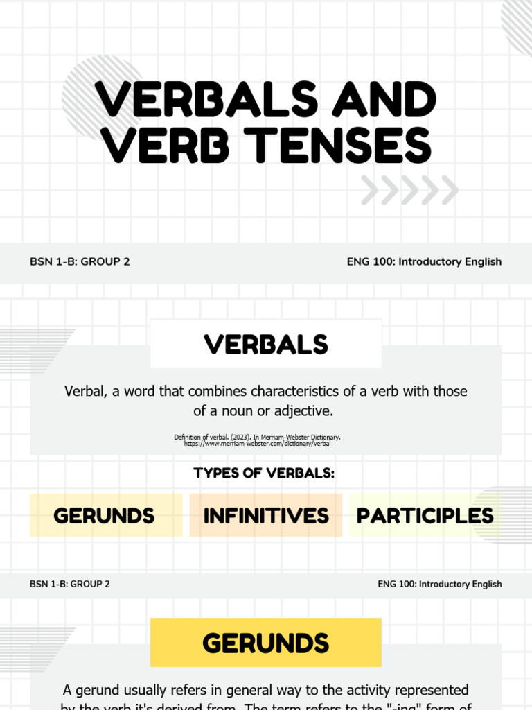 Eng 100 Verbals Verb Tenses - G2 - BSN1B | PDF | Verb | English Language