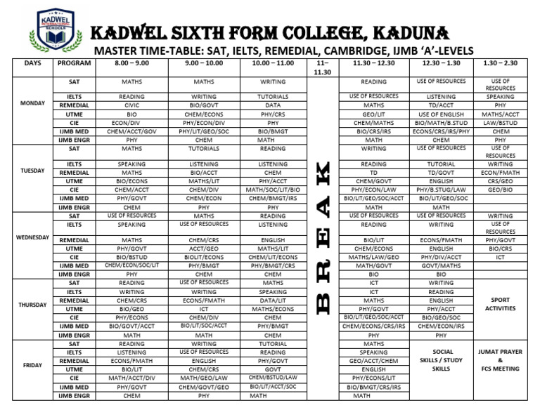 Master Time Table For The Sixth Form 2024 | PDF