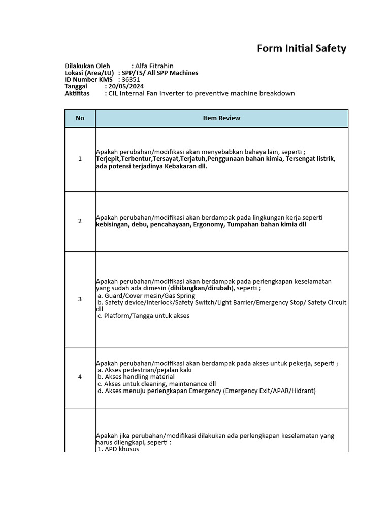 SPP - Initial Safety & Environment Assessment - CIL Internal Fan Inverter To Preventive Machine ...