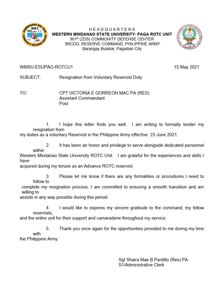 Wmsu Rotc Unit Resignation Letter | PDF