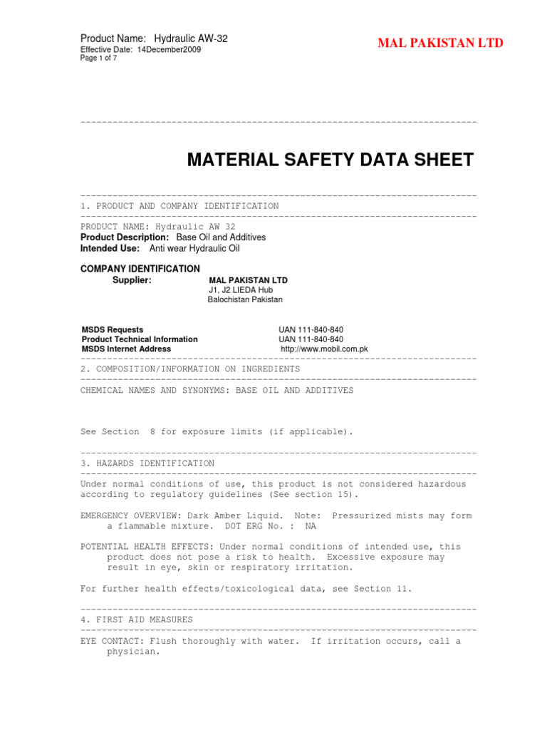 MSDS Hydraulic Aw32 Rev01 | PDF | Firefighting | Waste Management