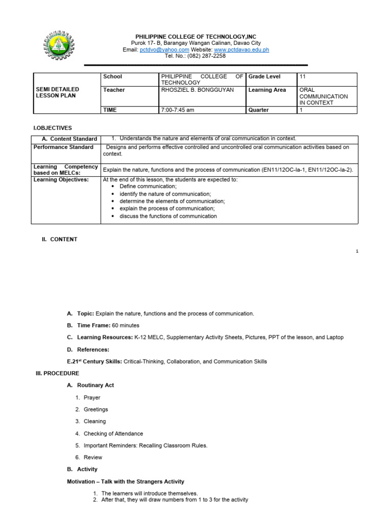 ORAL COM WEEK 1 Final | PDF | Communication | Learning