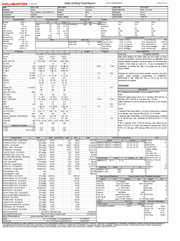 Reporte de Fluidos #11 HALCON 1X Oct 9 de 2023 | PDF | Barrel (Unit)