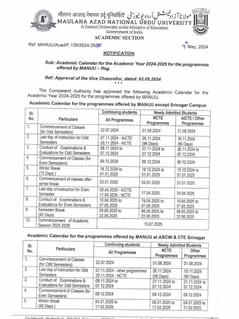 Notification - Academic Calendar 2024-25 - MANUU | PDF