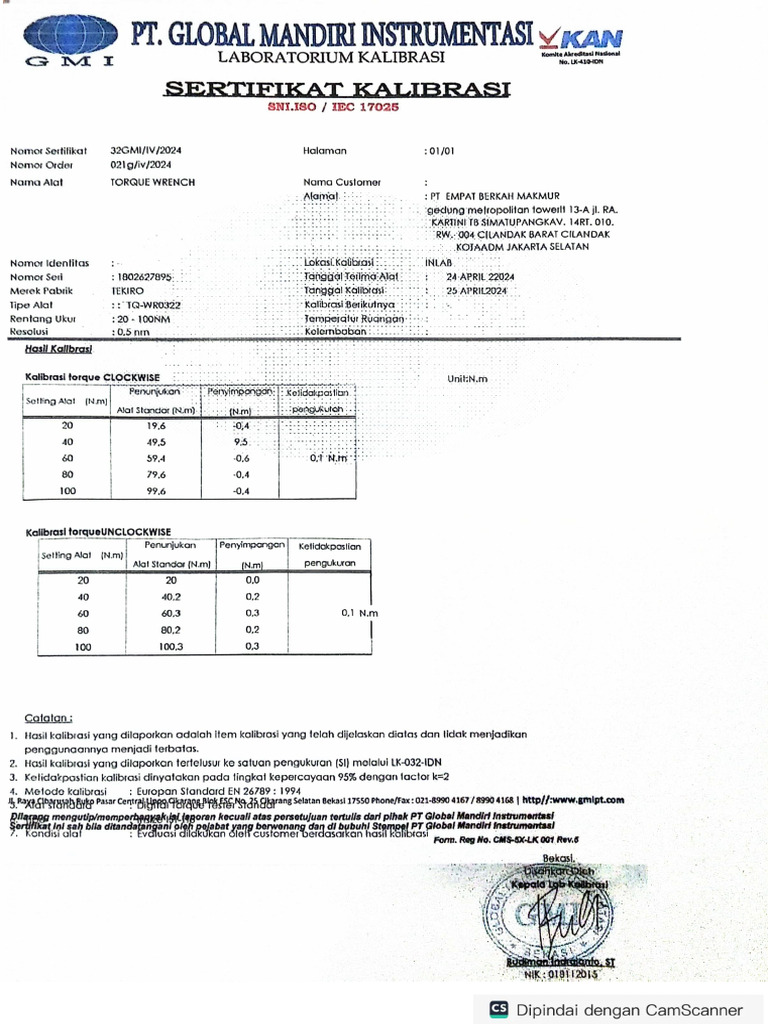 Sertifikat Kalibrasi Torsi | PDF