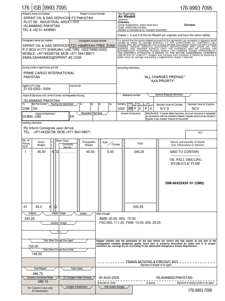 Draft Export AWB For Sprint DXB | PDF