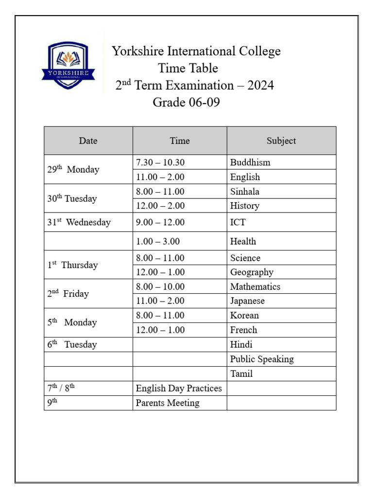 Exam Time Table | PDF