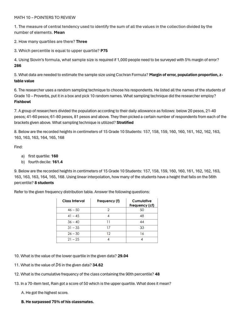 q4 Math 10 Reviewer (1) | PDF | Percentile | Sampling (Statistics)