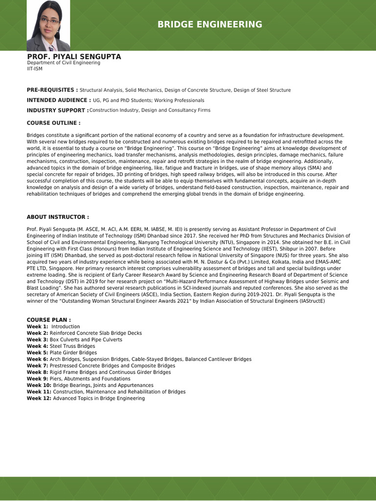 Bridge Engineering: Prof. Piyali Sengupta | PDF | Bridge | Engineering