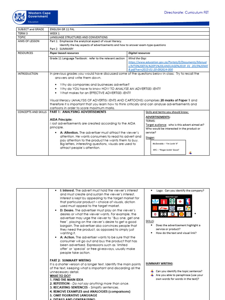 English FAL Grade 11 Term 3 Week 1 - 2020 | PDF | Advertising | Sneakers