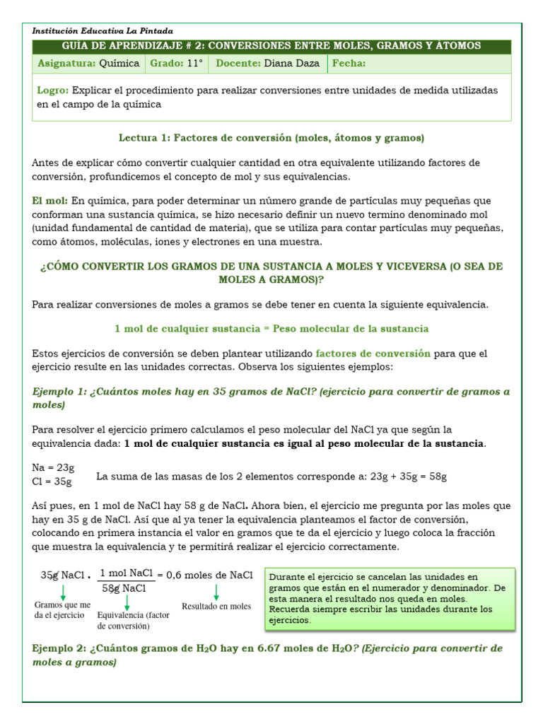 Conversiones entre moles y gramos | PDF | Mole (Unidad) | Química
