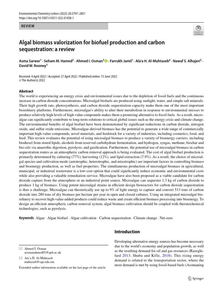 Algal Biomass Valorization For Biofuel Production and Carbon Sequestration A Review | PDF ...