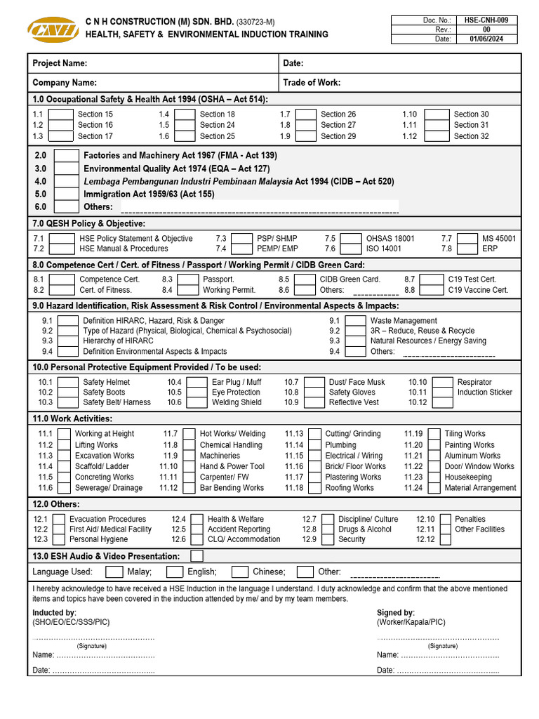 9 Hse-Cnh-009 - Hse Induction Training Content - Rev 00 | PDF | Risk ...