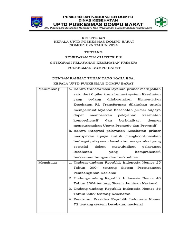 Penetapan Tim ILP Puskesmas Dompu Barat | PDF