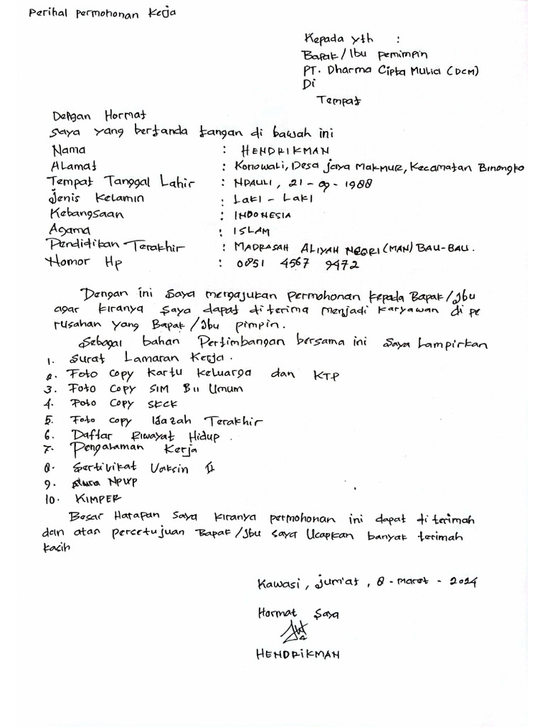 Surat Lamaran Kerja Hendirkman - Driver Dum Truck | PDF