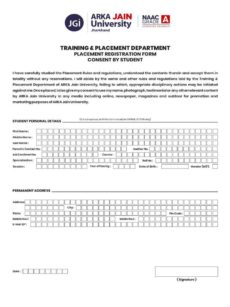 Placement Registration Form - Arka Jain | PDF