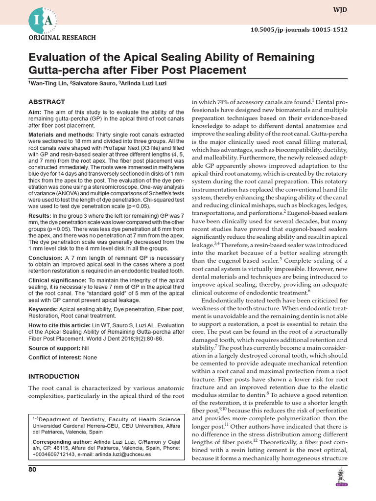 Evaluation of The Apical Sealing Ability of Remaining Gutta-Percha After Fiber Post Placement ...