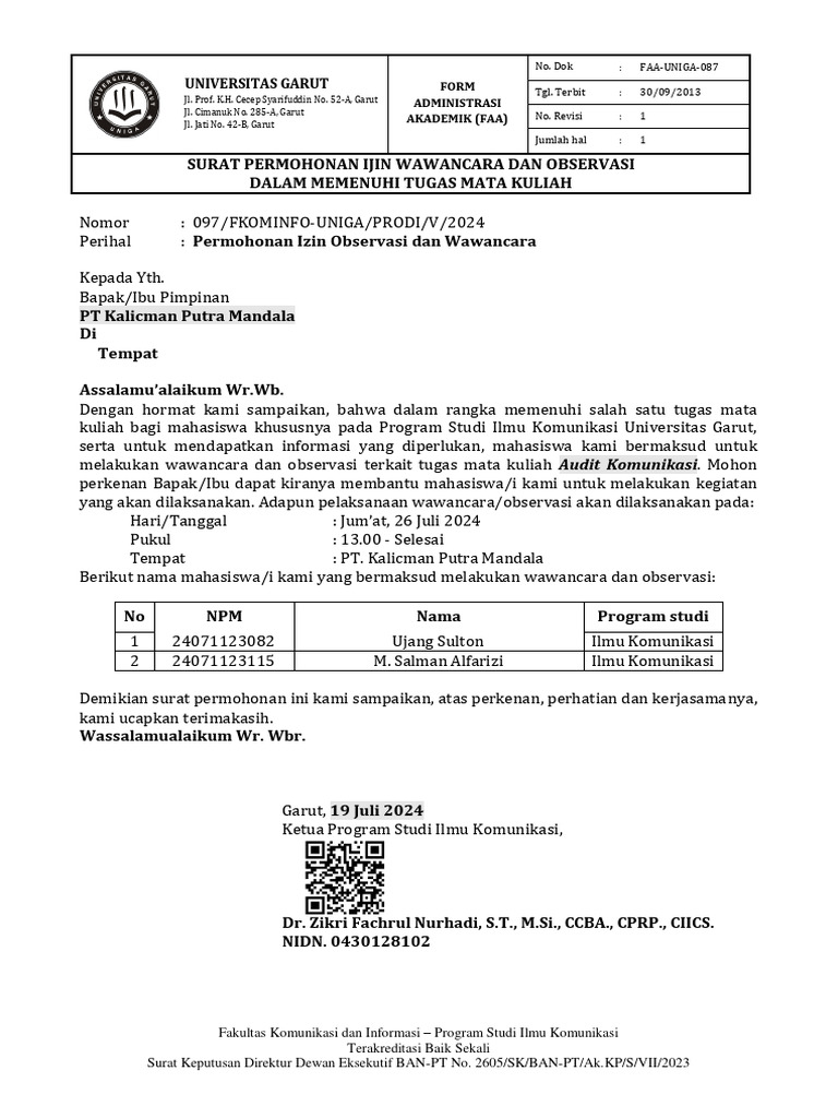 Surat Tugas Matakuliah Prodi Ilkom Pt. Kalicman Putra Mandala Ujang Dan ...