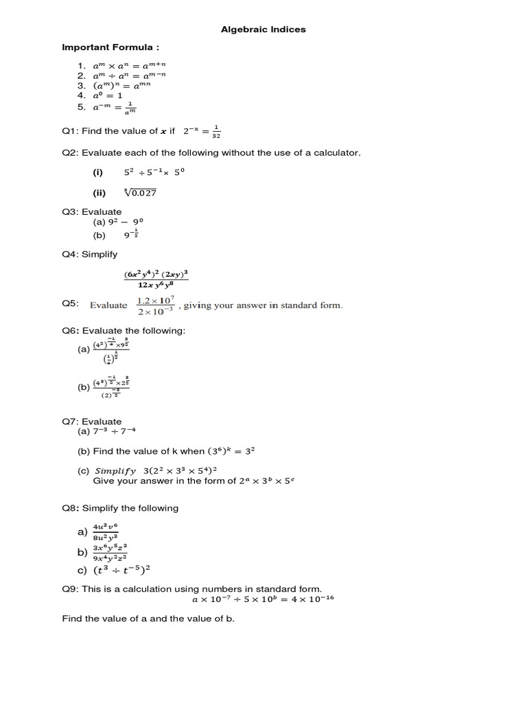 Algebraic Indices Pdf