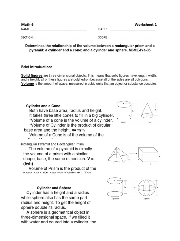 Worksheet Grade6 Math Week 1 4th QTR | PDF | Volume | Area