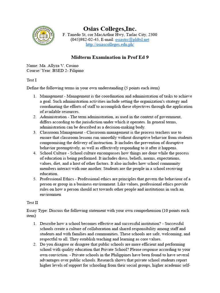 Midterm Exam Prof Ed 9 | PDF | Schools | Classroom Management