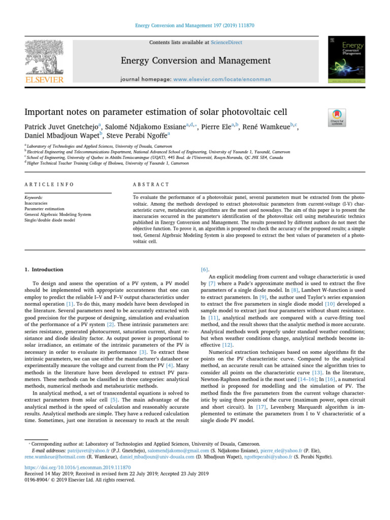 2 Important Notes On Parameter Estimation of Solar Photovoltaic Cell ... 2 Important Notes On Parameter Estimation of Solar Photovoltaic Cell ...