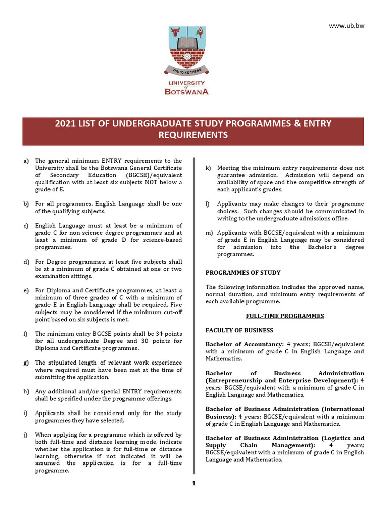 List of Undergraduate Study Programmes and Their Entry Requirements For August 2021 FINAL ...