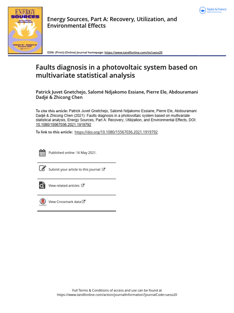 6 Faults Diagnosis in A Photovoltaic System Based On Multivariate ... 6 Faults Diagnosis in A Photovoltaic System Based On Multivariate ...
