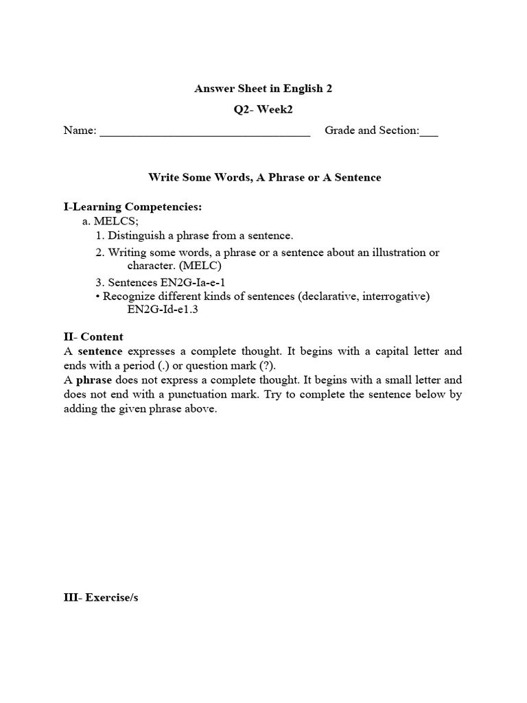 Answer Sheet in English 2.Q2-W2 | PDF | Language Arts & Discipline