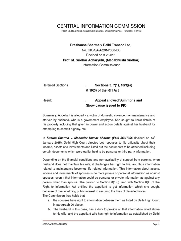 CIC Order - Husband Has Access To Wife Income and Property Details | PDF | Affidavit | Marriage