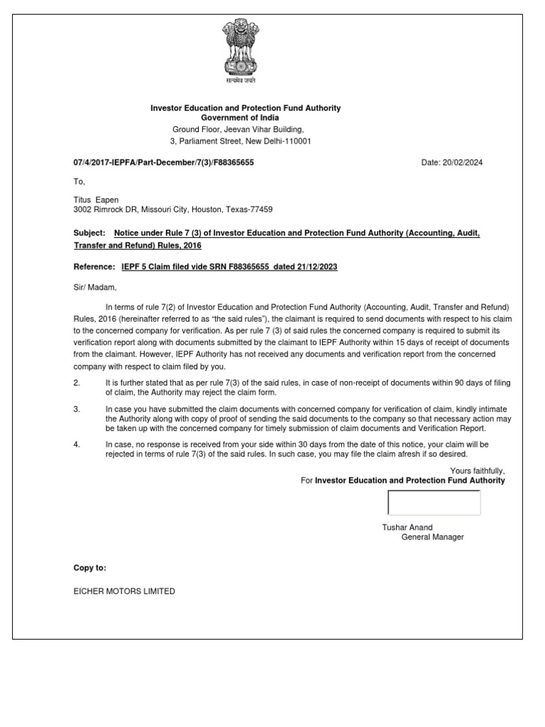 Notice Under Rule 7 (3) of Iepf | PDF | Business | Accounting