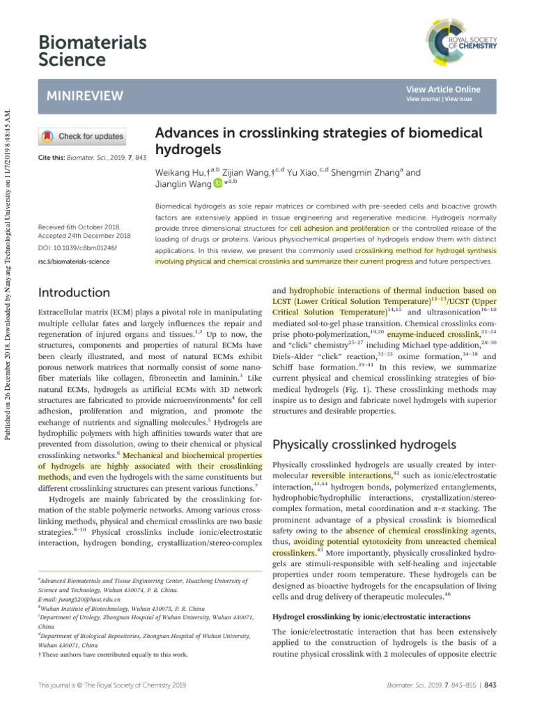 Advances in Hydrogel Crosslinking Techniques | PDF | Cross Link | Polymers