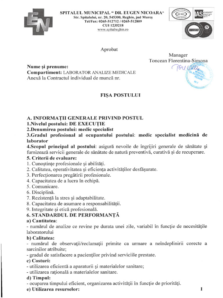 Fisa Postului Medic Specialist Med Laborator Analize | PDF