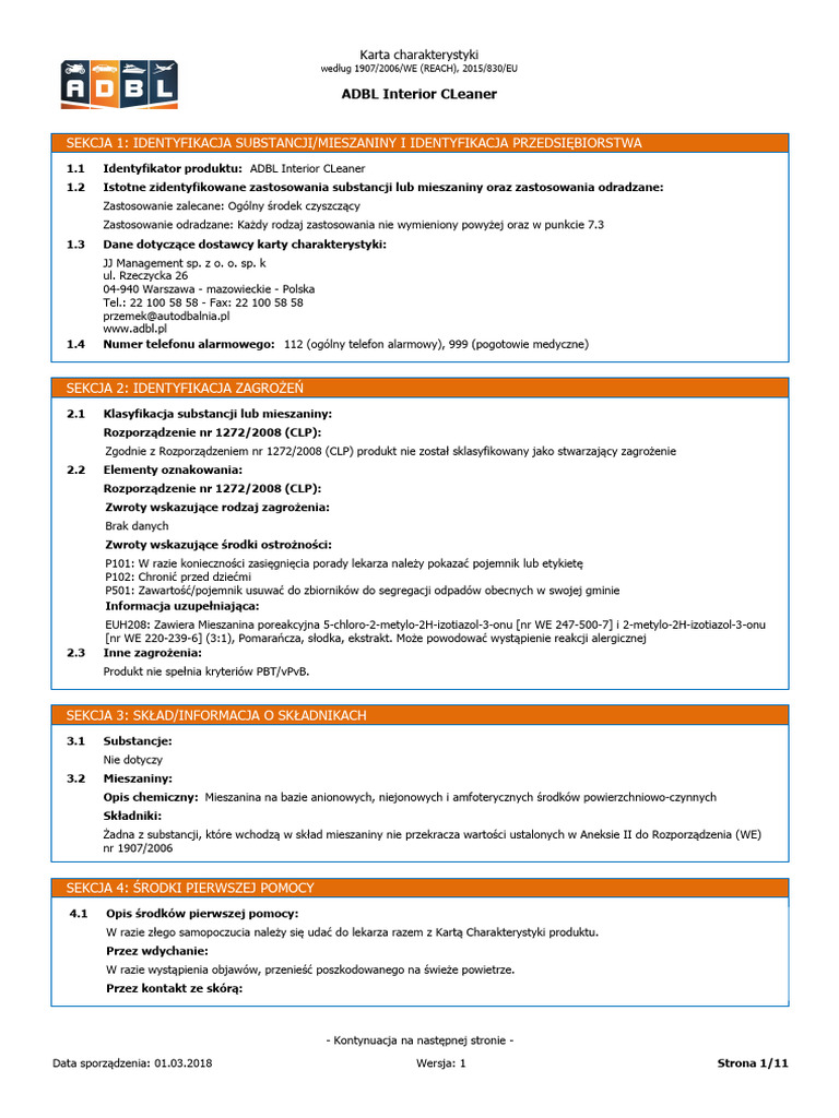 ADBL Interior Cleaner Karta Charakterystyki | PDF