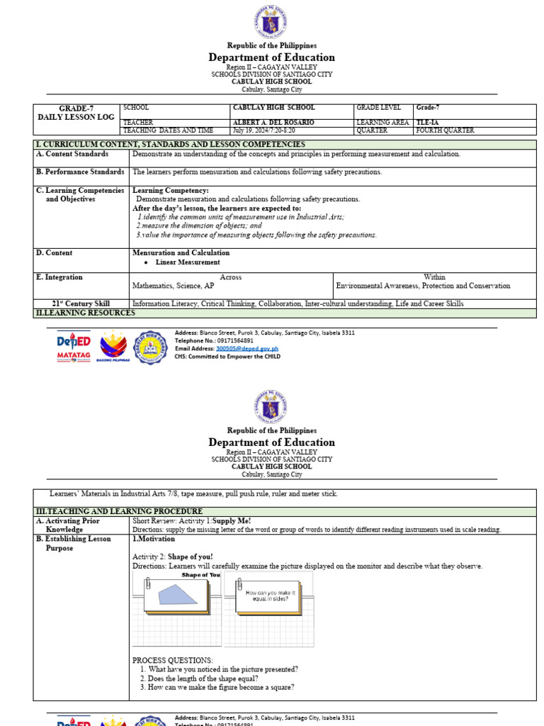 Grade 7 TLE Daily Lesson Log | PDF | Learning | Cognition