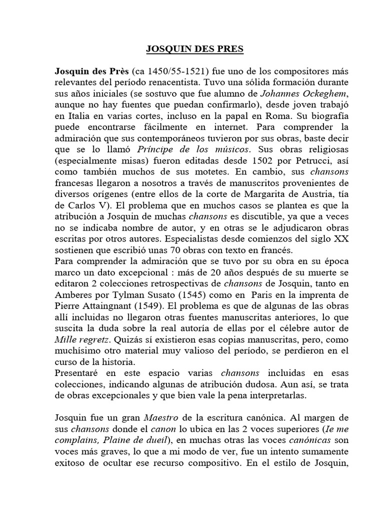 Chansons de Josquin des Près: Análisis y Atribuciones | PDF | Musicología
